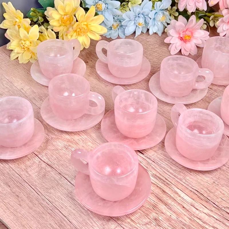 Hot Sale Natural Rose Quartz Tea Cup With Plate Hand Carving Folk ...