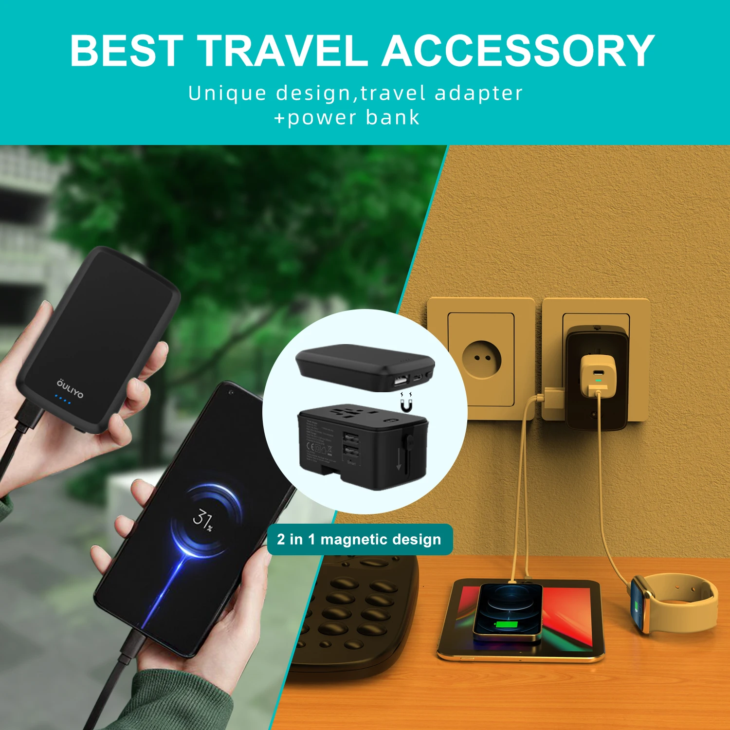 OULIYO Portable AC Adapter - Multifunctional Travel Adaptor