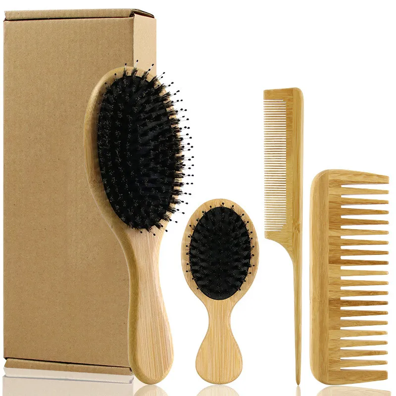 Natural Wooden Hair Comb Set Paddle Brush Wide Tooth And Rat Tail Comb ...