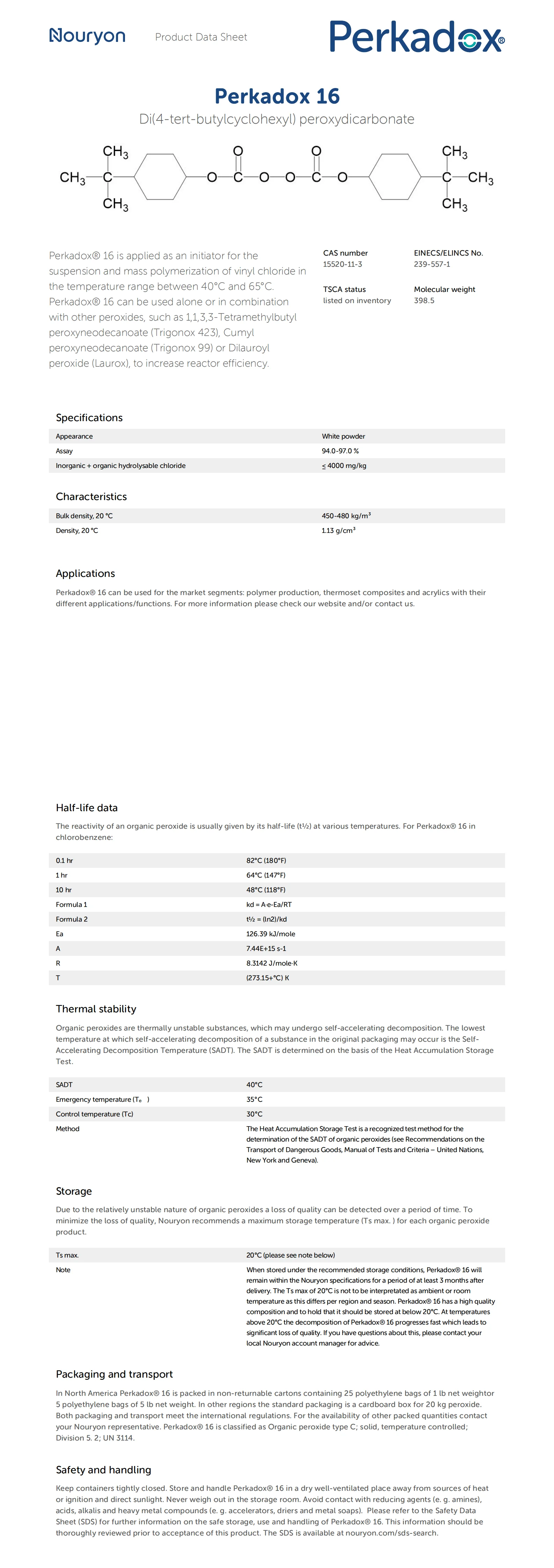 Nouryon Perkadox 16 Initiator for Vinyl Chloride Polymerization
