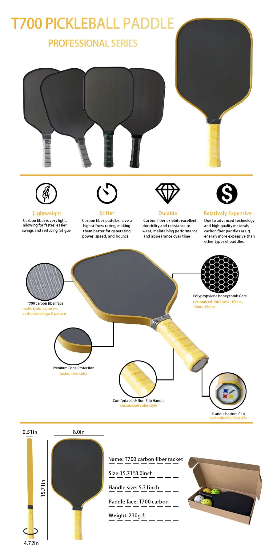 Thermoformed Pickleball Paddle Edgeless T700 Textured Pickle Ball ...