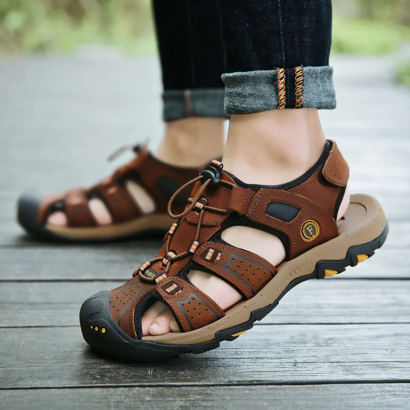 Fully Customizable Men's Sandals Fashion Genuine Leather Toe Wrapped ...