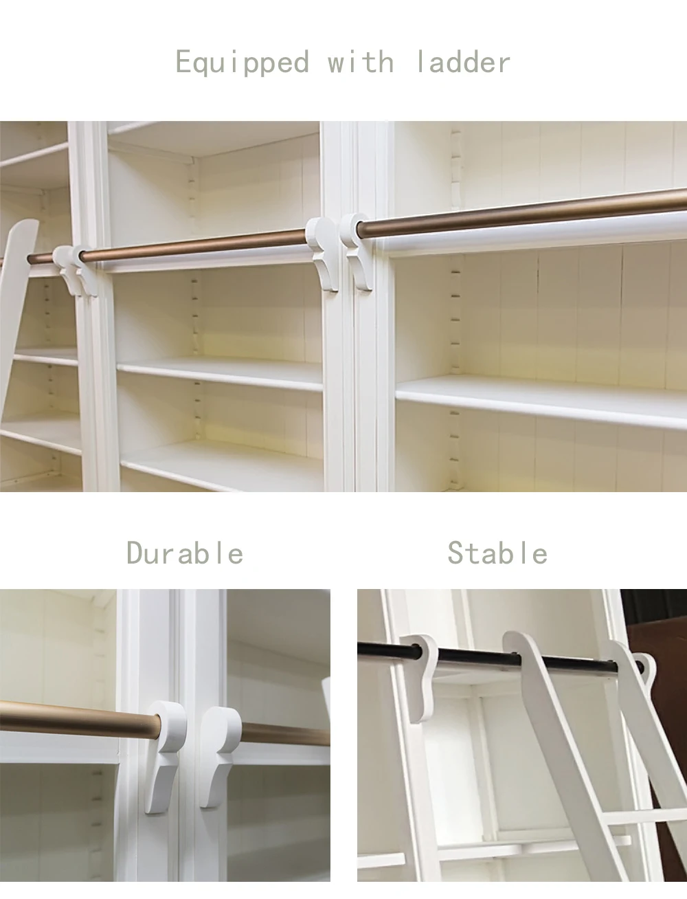 Home Furniture - Elegant 3 Bay Library Bookcase with Ladder