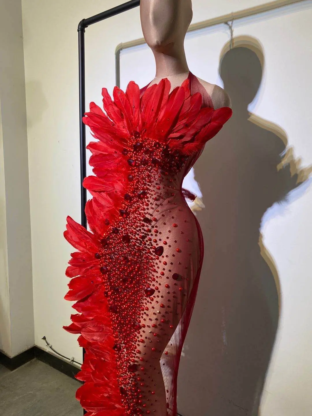 Sexy Red Crystal See through Feathers Mermaid Dress