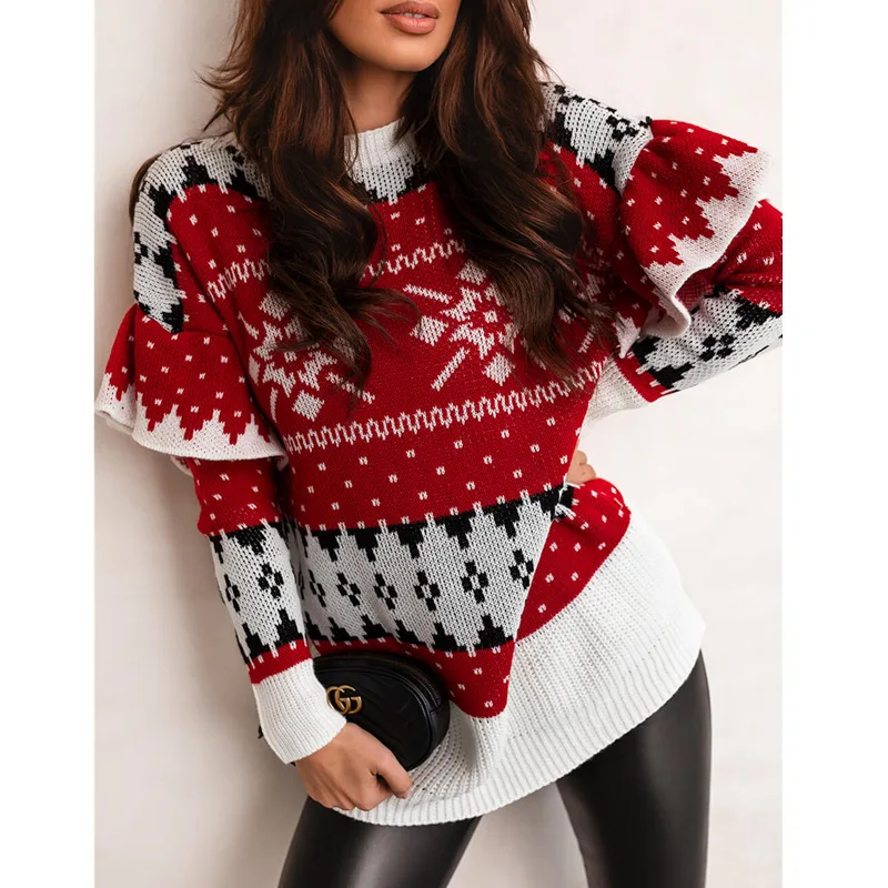 Merry Christmas Sweater For Women Ruffle Long Sleeve Knit Tops Cute ...