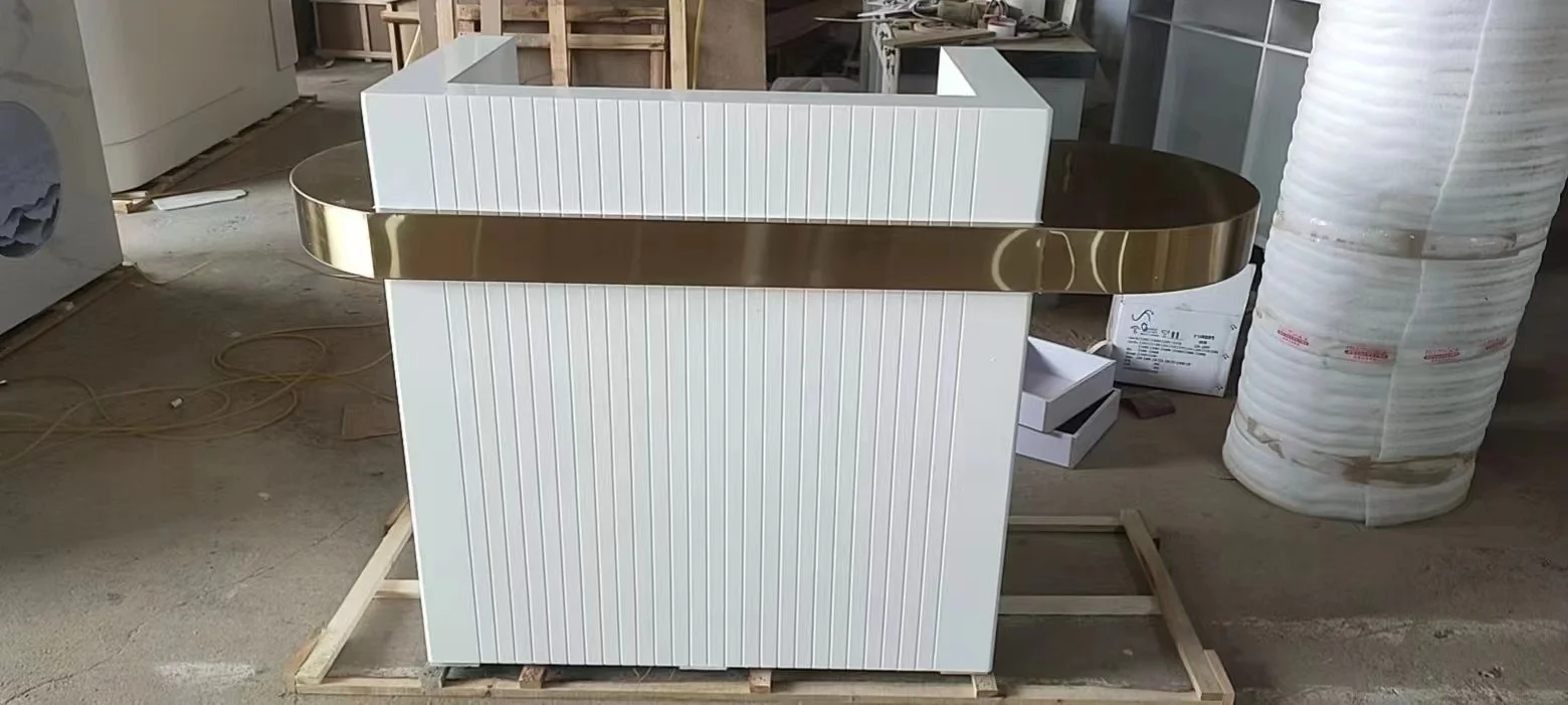 2 Person Standard Size Reception Desk for Office - White & Gold Marble