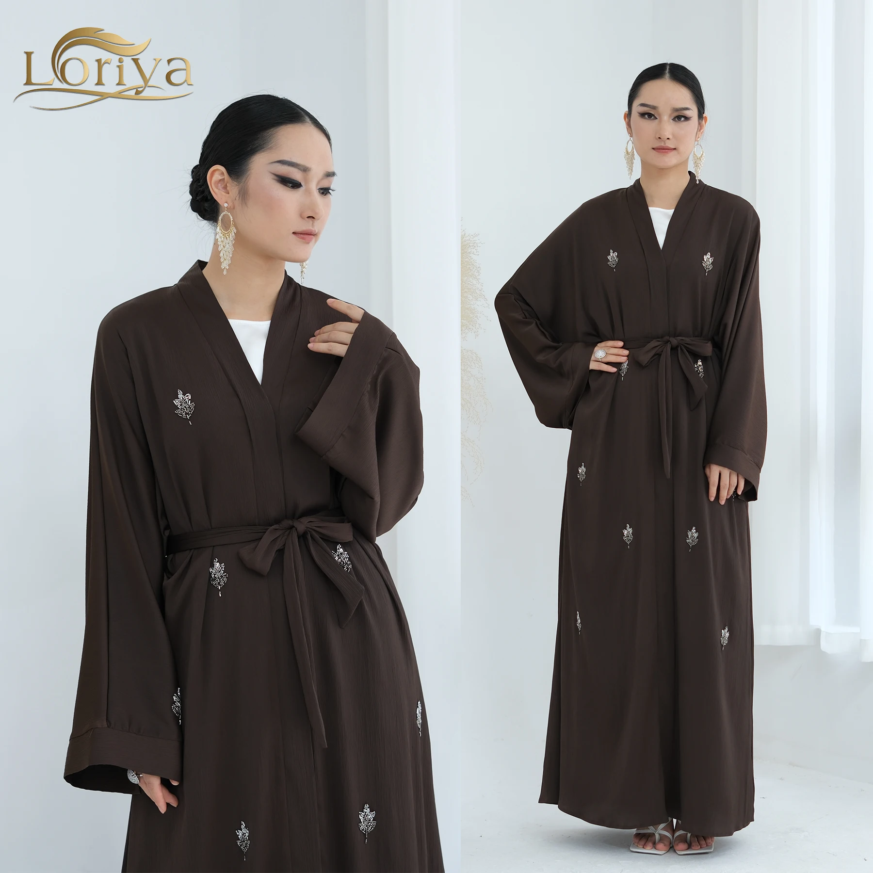 2025 Ramadan Eid Dubai Luxury Kimono Robe Leaf Beaded Satin Muslim Cardigan Modest Women Islamic ...