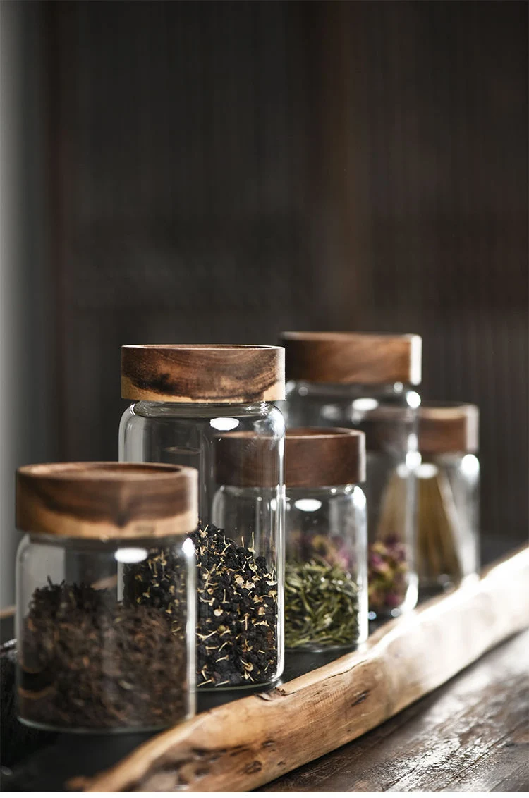 Thread Type Borosilicate Glass Storage Jars With Airtight Acacia Wooden ...