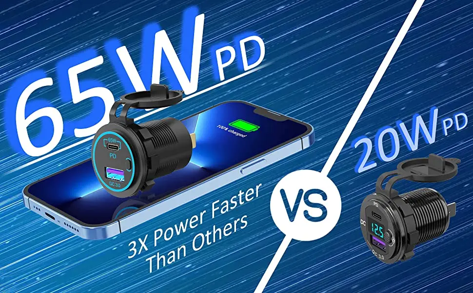 65W Type C PD 12V / 24V Led Light QC3.0 Dual USB Socket for Car ...