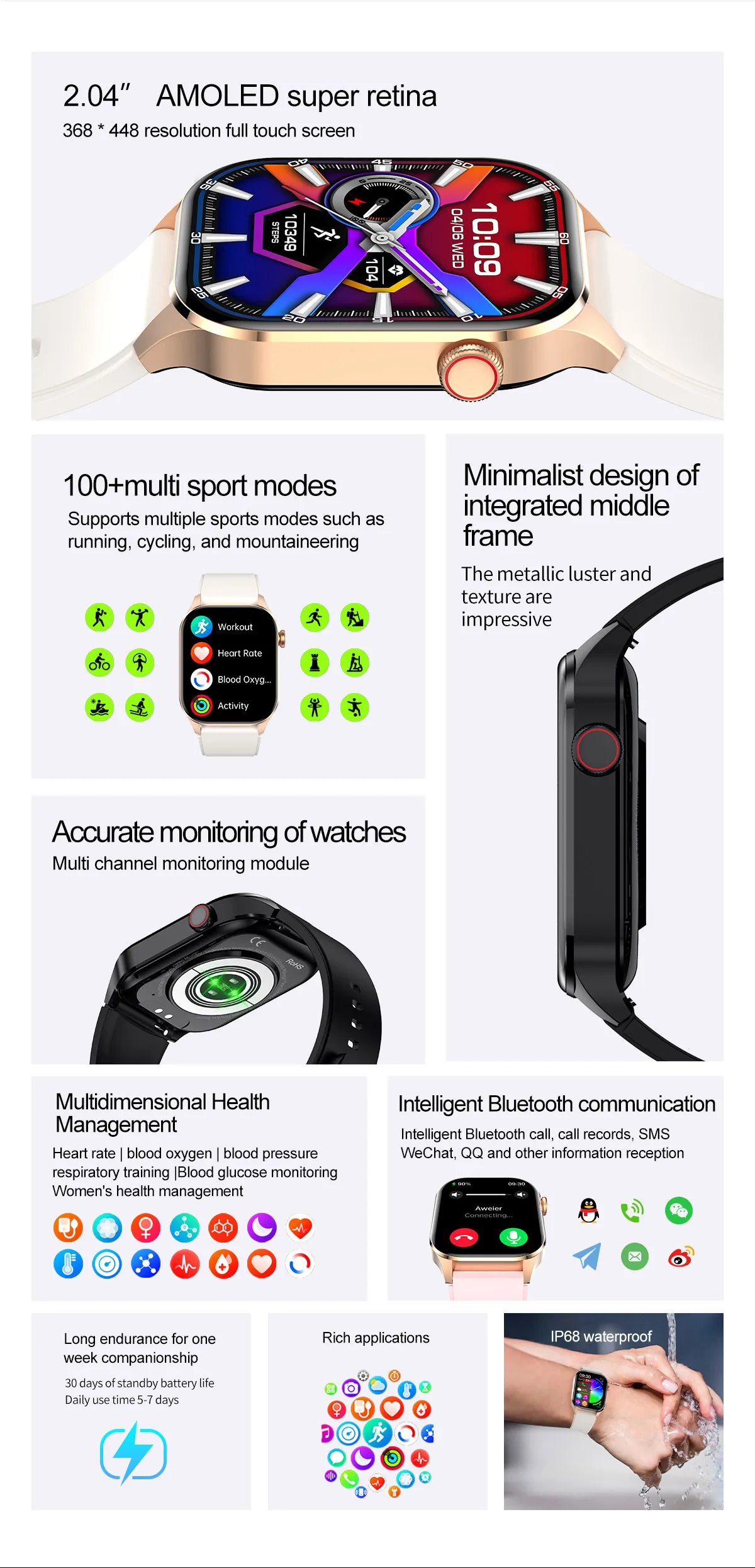 Oem Odm Amoled Smart Watch 2.04 Inch Large Display Men Women Fitness ...