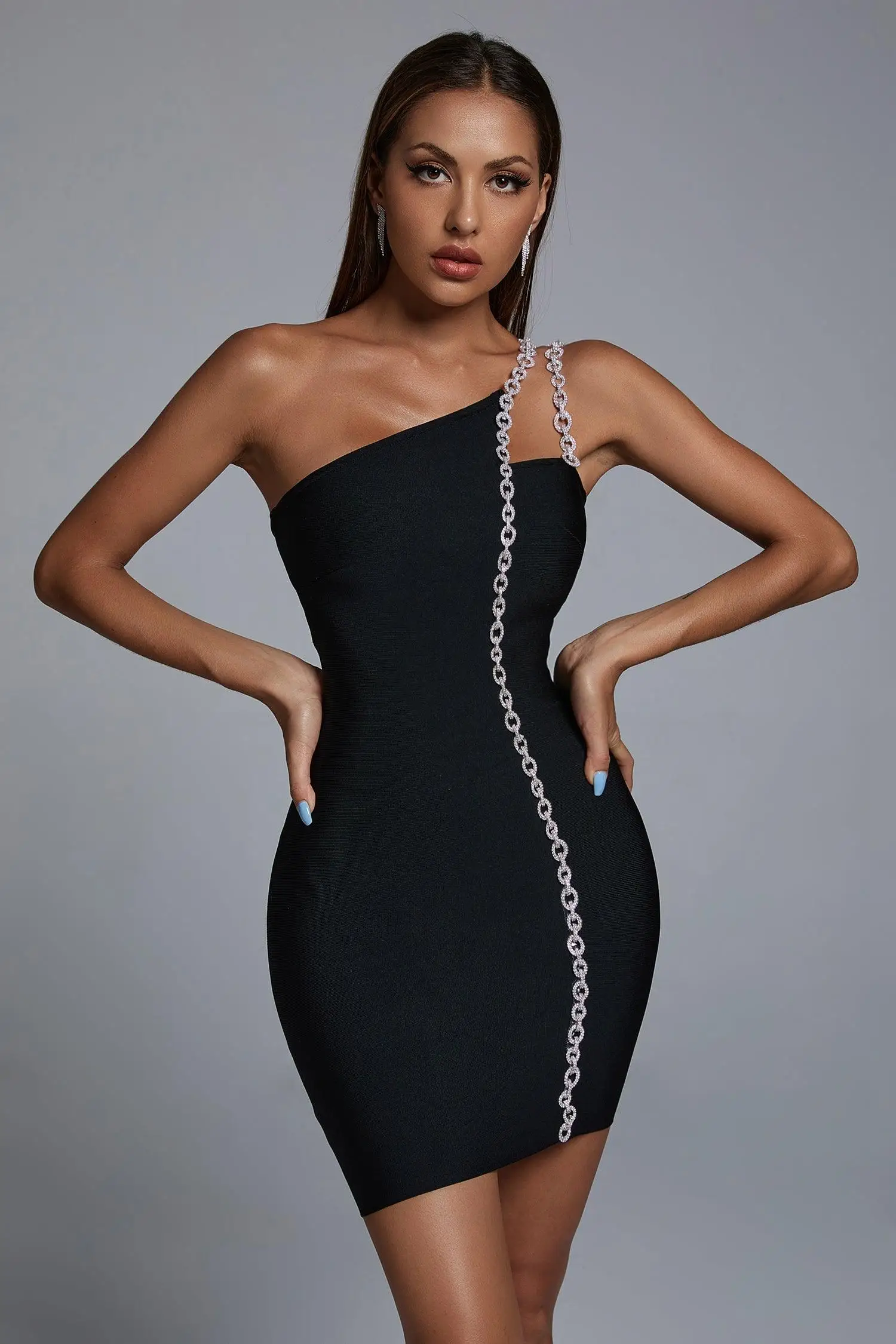 Fashion Design One Shoulder Black Bodycon Mini Womens Chain Dresses ...