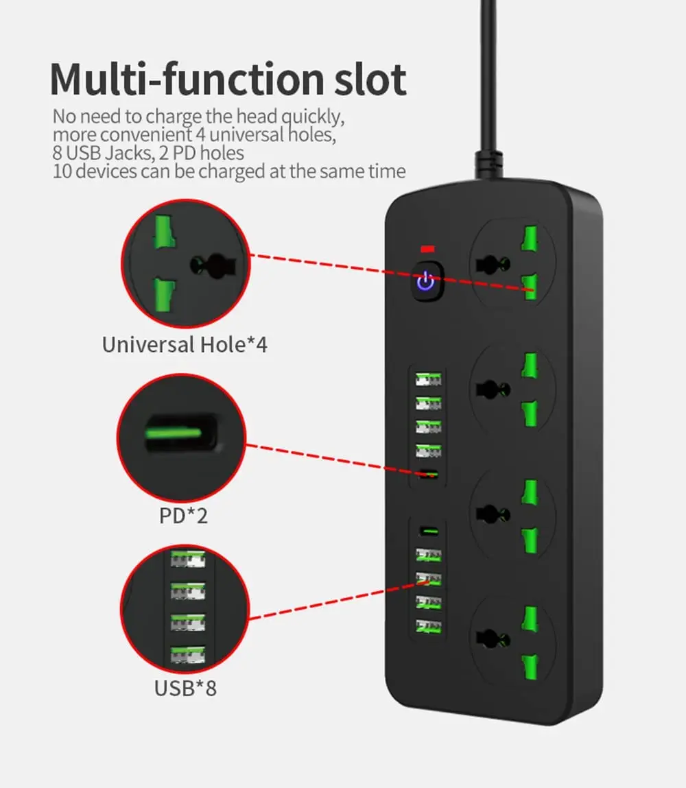Universal Power Strip Extension Cord Outlet All-in-One Wall Plug ...