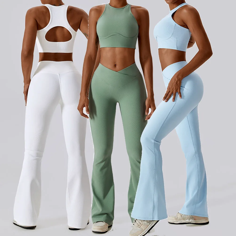 Fall New Design Flare Leggings Sets Women Back Hollow Out Tops Athletic ...