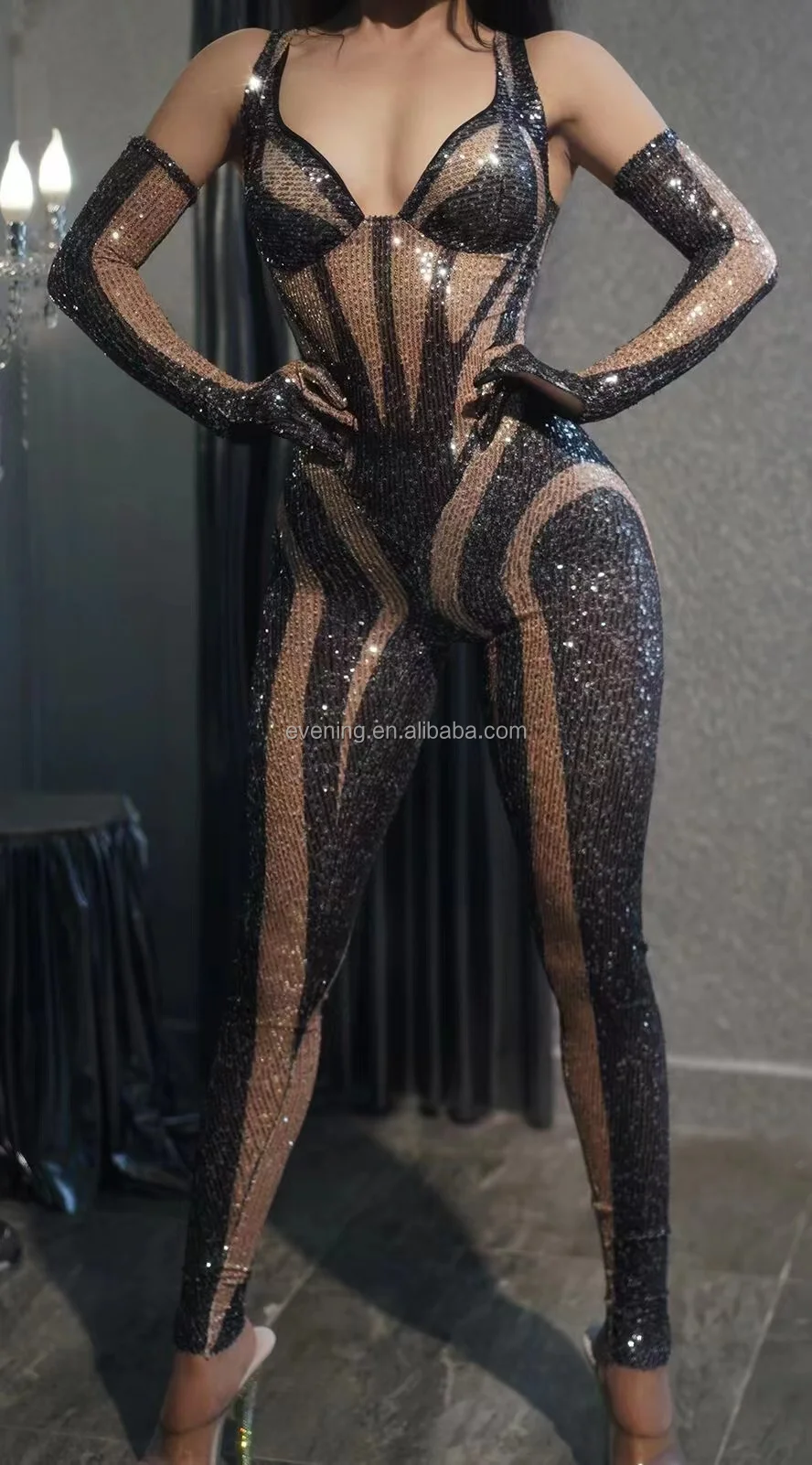 Sexy Black Spaghetti Strap Bling Sequins Bodycon Rompers Women Spandex Party Clothes Bodysuit ...