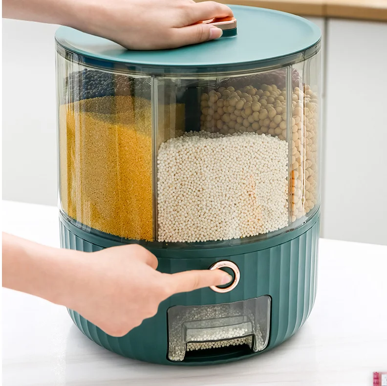 Kitchen White Green Rotating Rice Bucket 6 Compartments Sorting ...