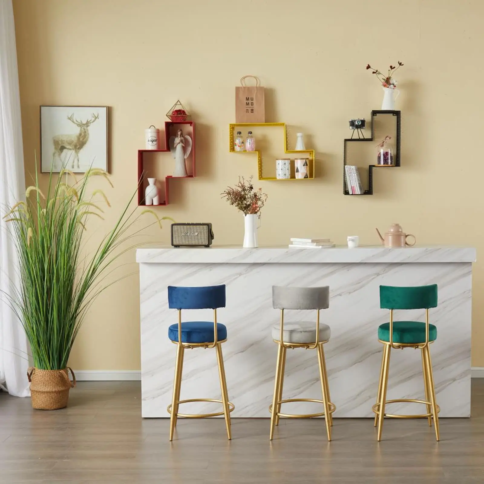 Modern Metal Bar Stool Chair Furniture High-leg Counter Gold Frame With ...