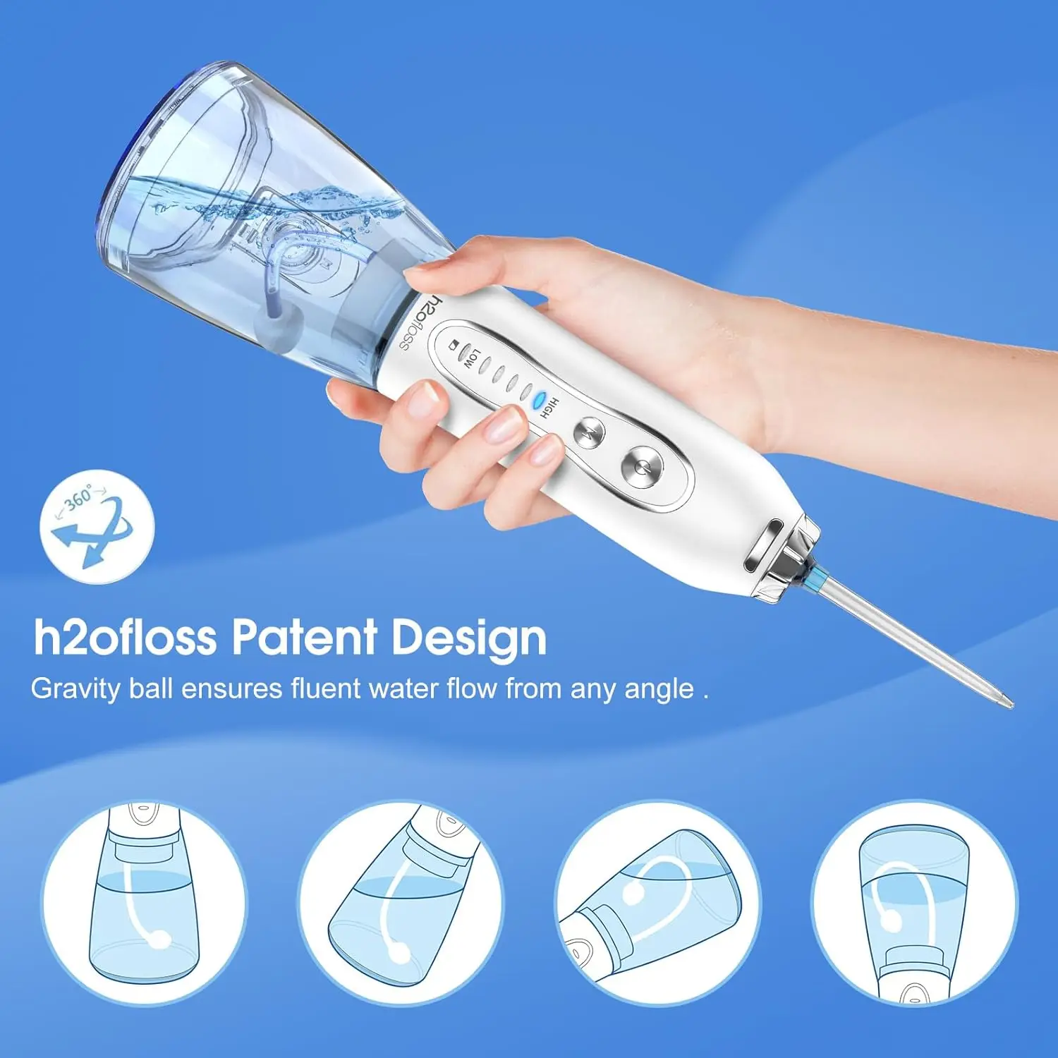 H2ofloss Pulse Electric Water Flosser Cordless 2500mAh & 300ML Type-C ...