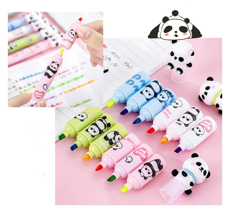 Cartoon Panda Three-color Splicing Highlighter Students Cute Stationery ...