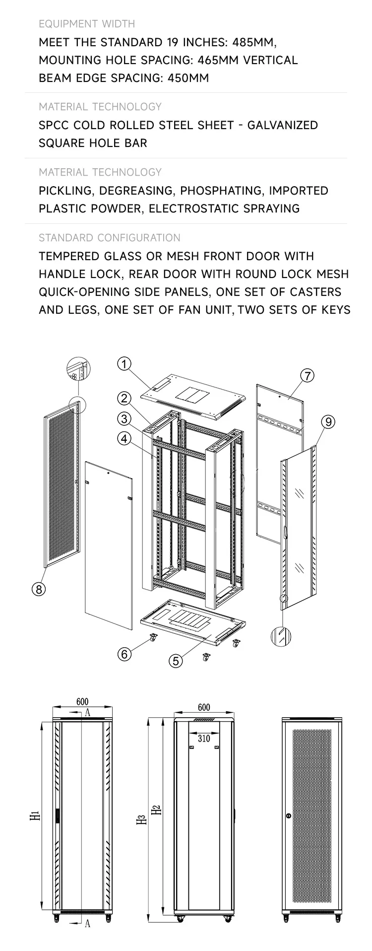Standard Data Center Server Rack - 42U Glass Door Cabinet