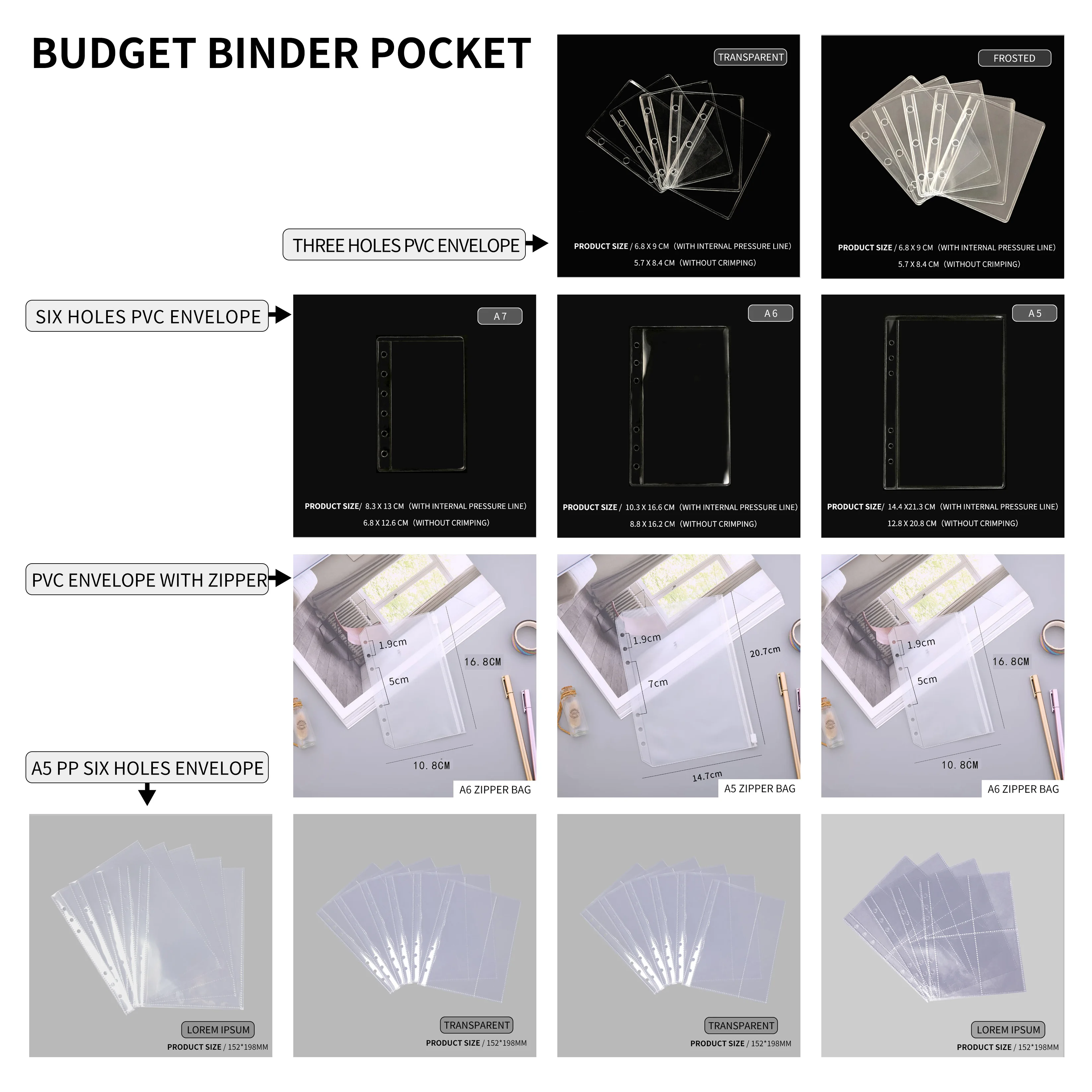 Wholesale A4 A5 A6 A7 File Budget Binder Clear Pocket 6Ring Zipper PVC ...