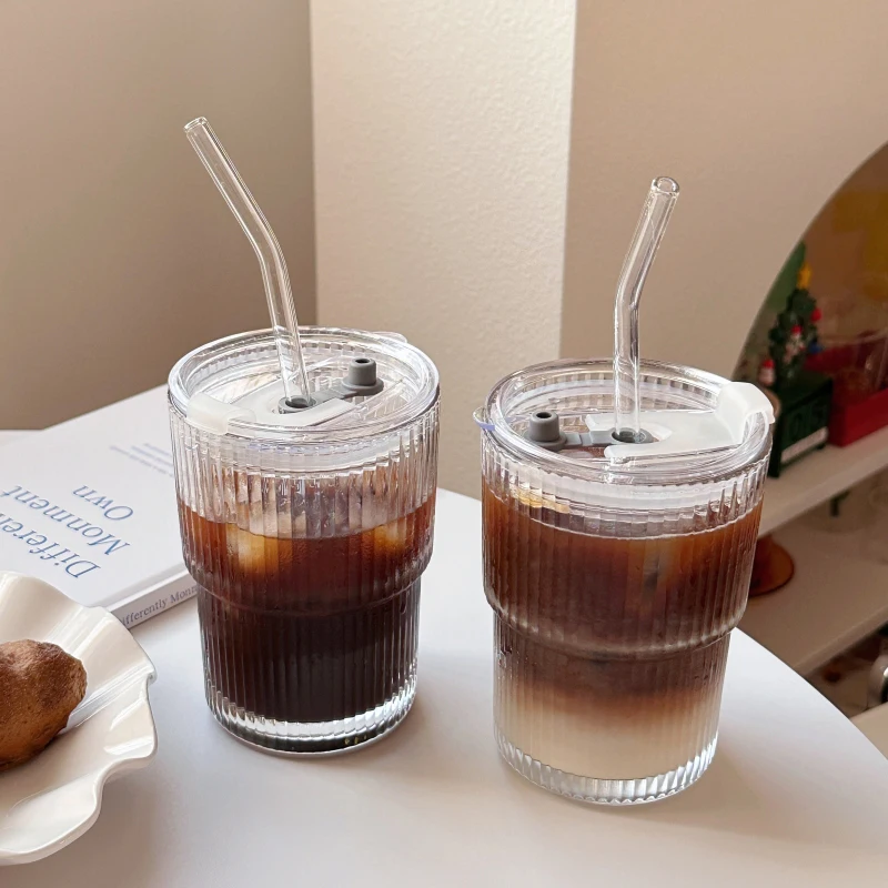 450ml Simple Stripe Coffee Glass Cup With Lid And Straw Transparent ...