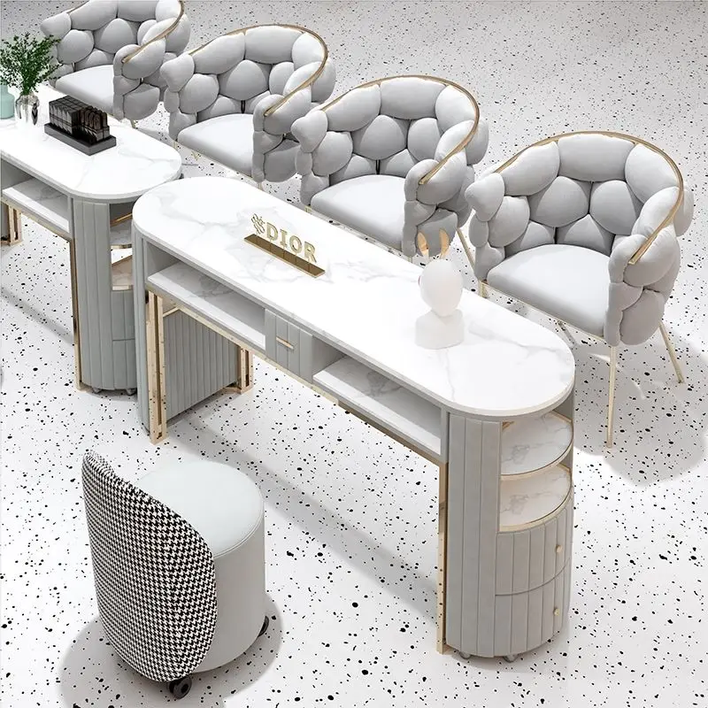 Modern Grey Marble Top Double Nail Table & Chair Set