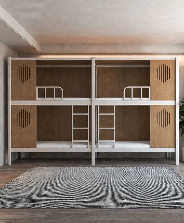 Steel Single Double Decker Bed With Curtain And Bottom Cabinet Wooden ...