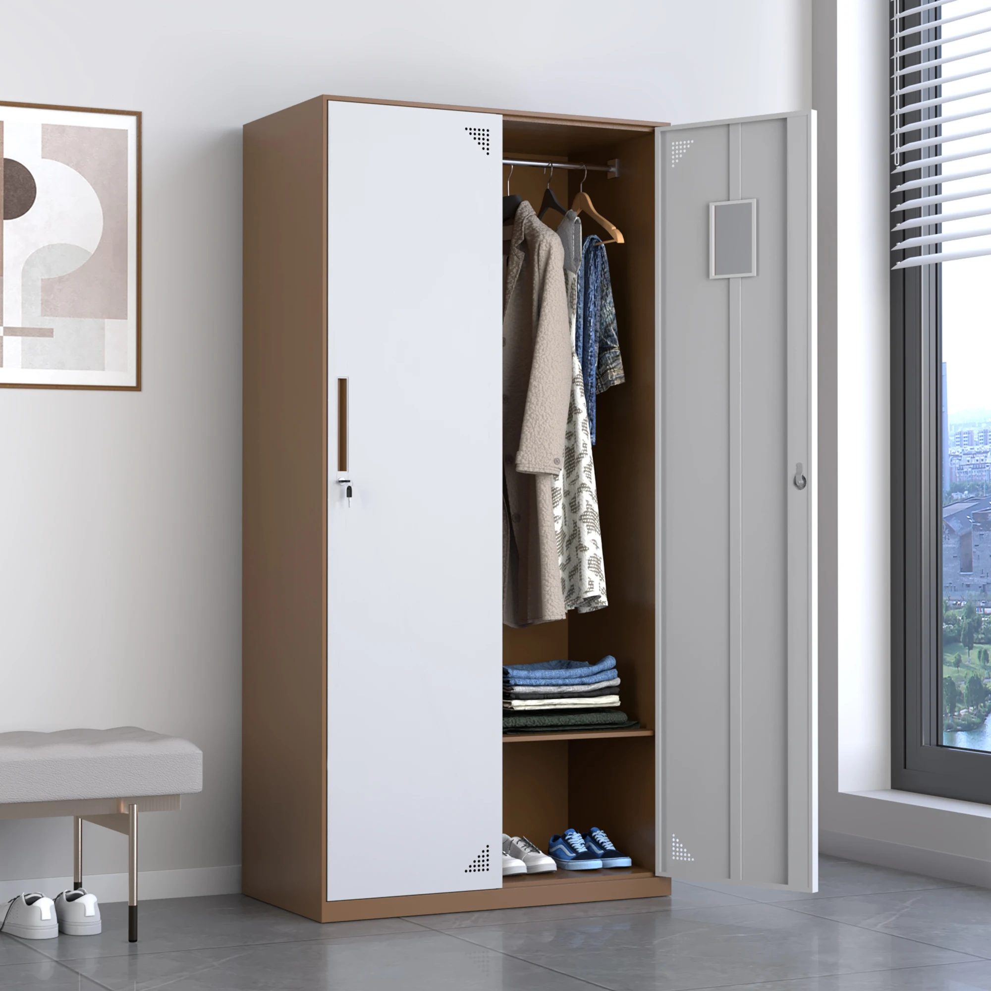 Steel Metal Office Lockers 3Door Wardrobe Cabinet with Hanging Rail ...