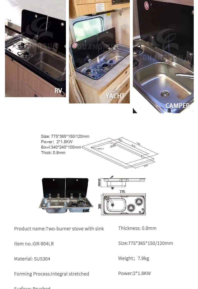 RV CARAVAN KITCHEN GAS COOKER TWO BURNER SINK COMBI Stainless Steel 2 ...