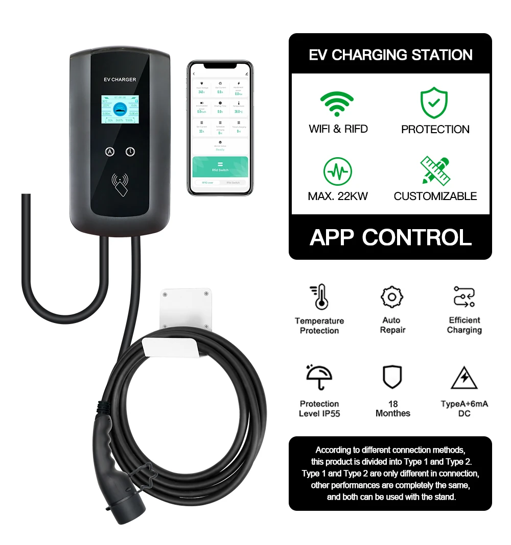 Type 2 1p 32a 7kw 3p 16a 11kw 32a 22kw Wallbox Fast Electric Charging Car Ev Charger Station ...