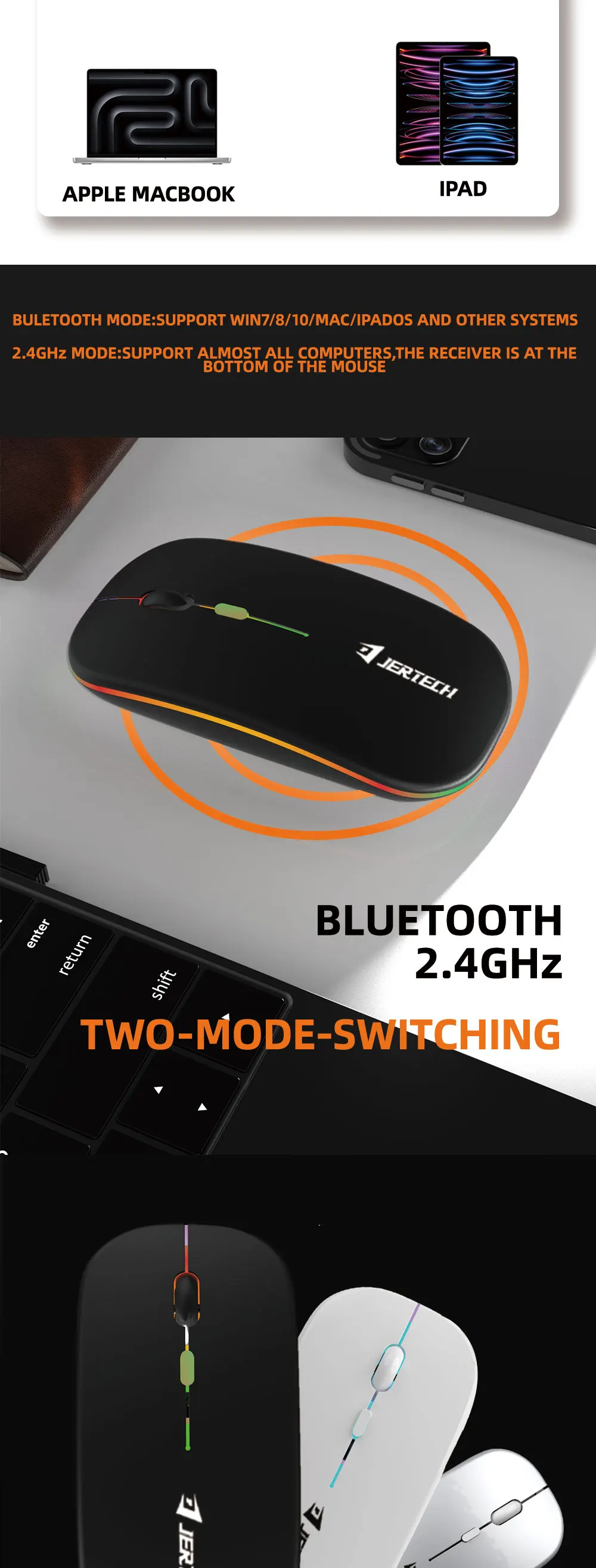 Jertech JR3 Wireless Rechargeable Gaming Mouse - RGB Backlit, Dual-Mode ...