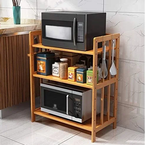 Solid Wood Kitchen Bamboo Microwave Oven Rack 3 Layers Multi-function ...