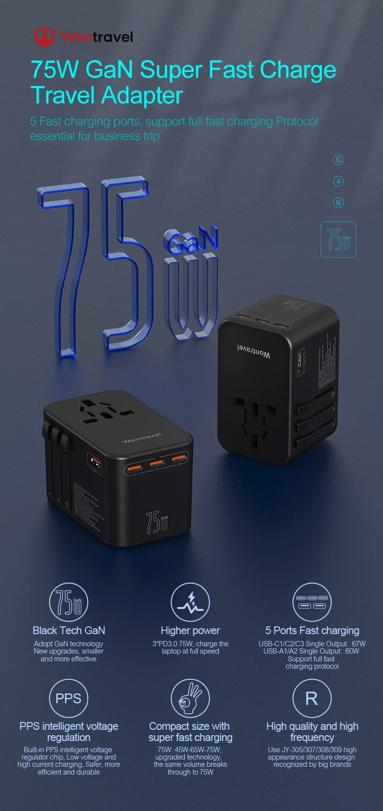 Universal Travel Adapter - Wontravel EU AUS UK US Plug GAN 75W