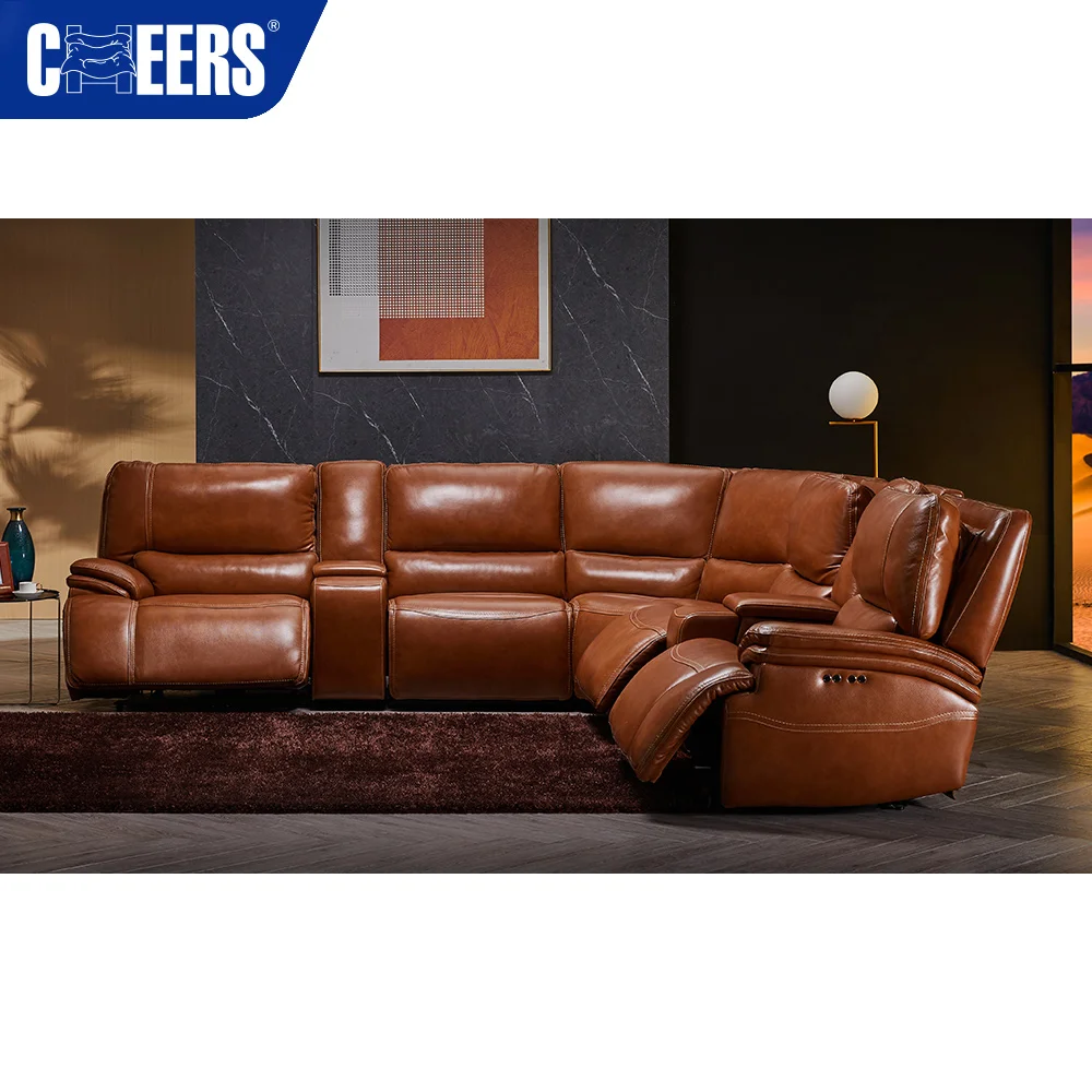 Manwah Cheers Real Leather Brown Power Recliner Sectional Sofa Set ...