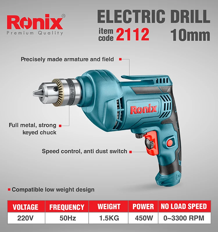 Ronix New Model 2112 450w 3300rpm Electric Drill 10mm 22-2400v Electric ...