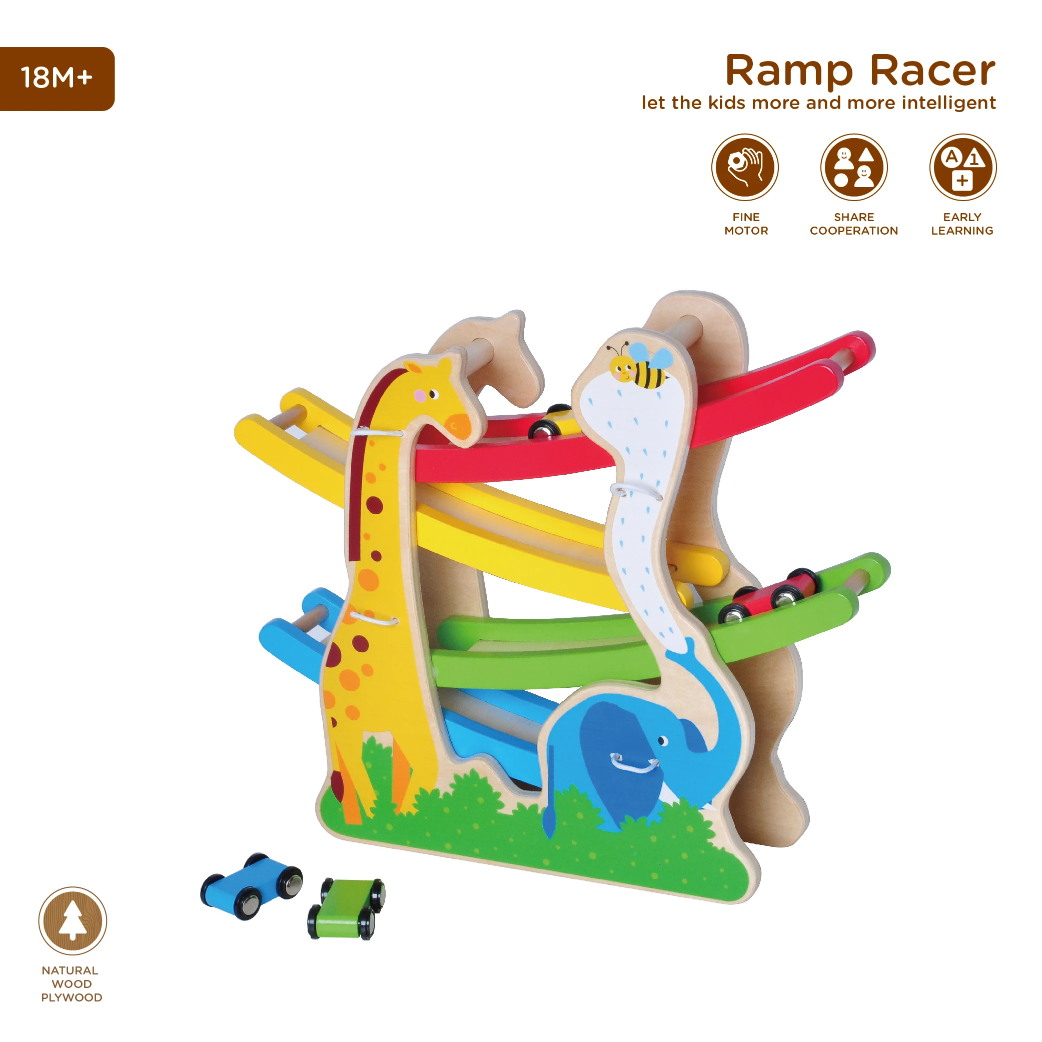 Montessori Cartoon Wooden Race Track Racer Games Toy Wooden Car Ramp ...