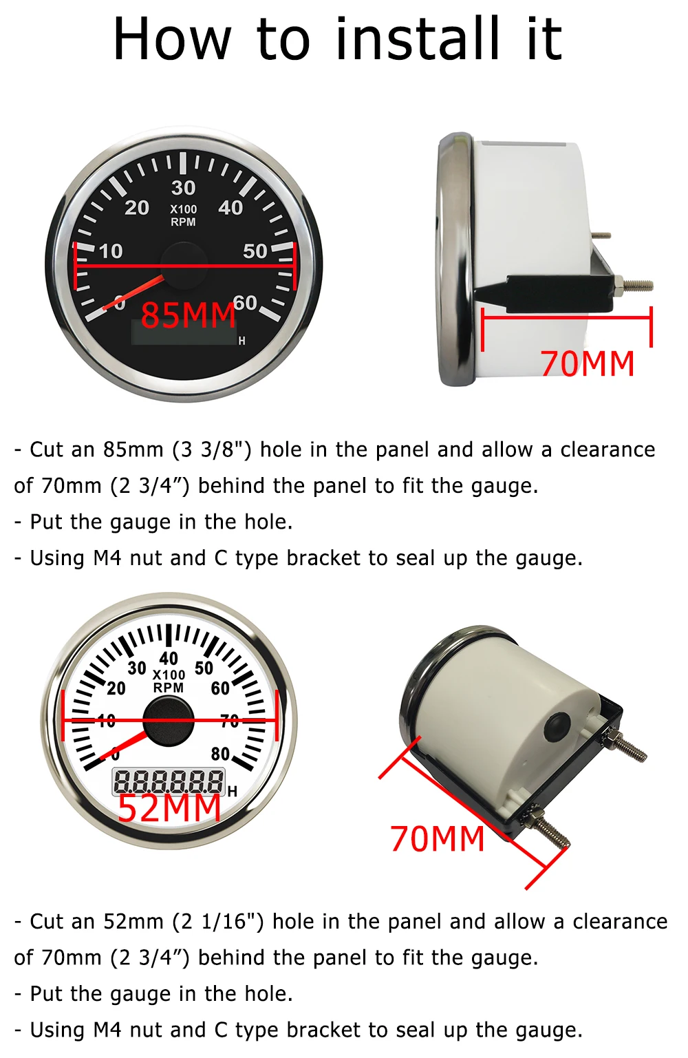 Eling Digital Tachometer Rev Counter Meter Rpm Gauge 52mm 85mm With ...