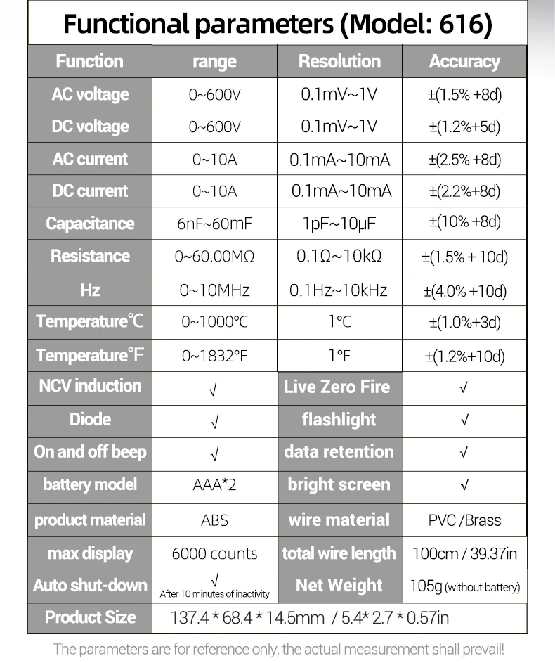 ANENG 616 Multimeter - Intelligent AC/DC Test Tool