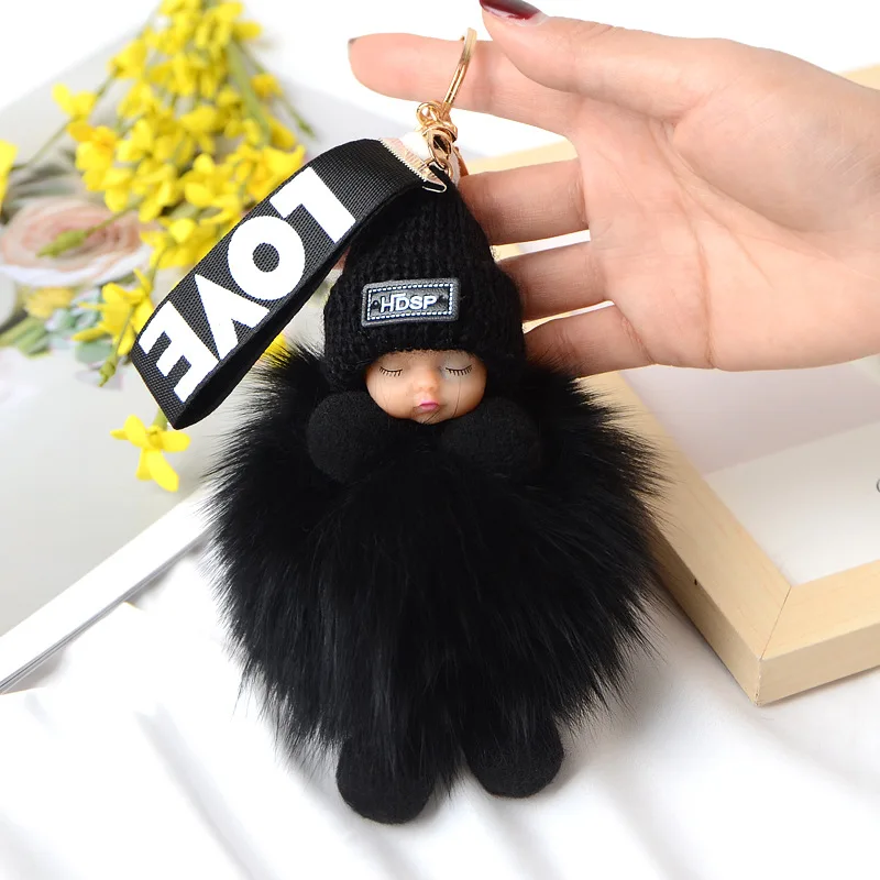 Kawaii Sleeping Baby Doll Plushie Keychain Plush Doll Rabbit Fur Pom ...
