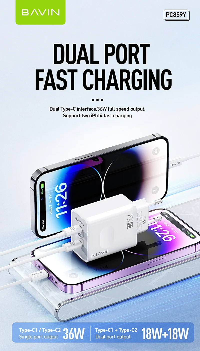 BAVIN PD 36W Dual Port USB-C Charger EU Plug - Portable Fast Charging ...