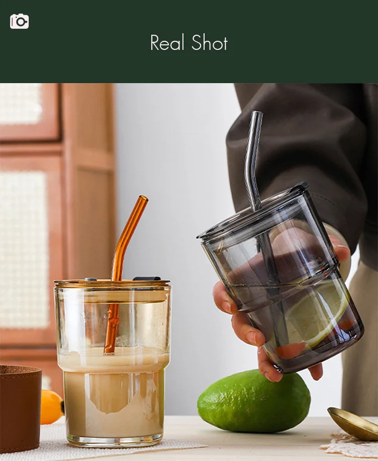 Wholesale 450ml Clear Glass Slub Cup with Lid & Straw