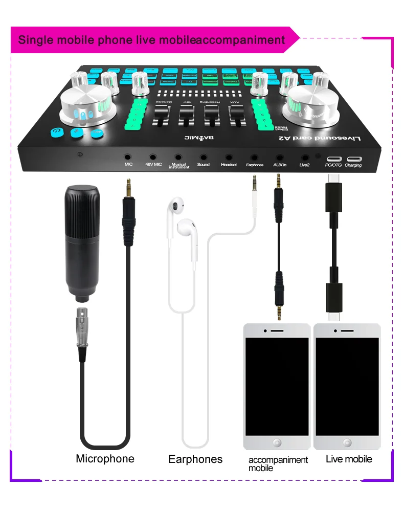 Professional 48v Audio Mixer Sound Card With Microphone For Broadcasting