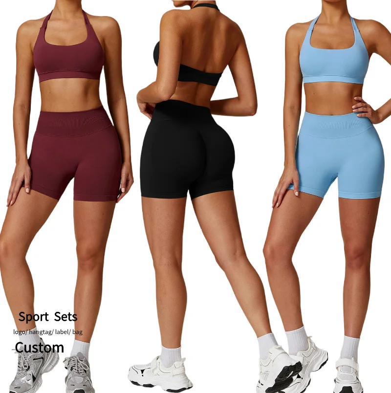 Wholesale Yoga Suits Halter Bra And Scrunch Butt Shorts 2 Piece Set Gym Fitness Sets Women ...