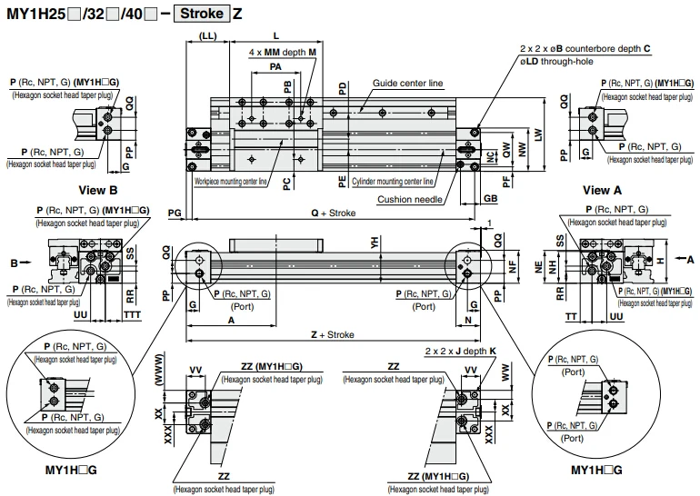 Mechanically Jointed Rodless Cylinder Linear Guide Type MY1H MY1H32 ...