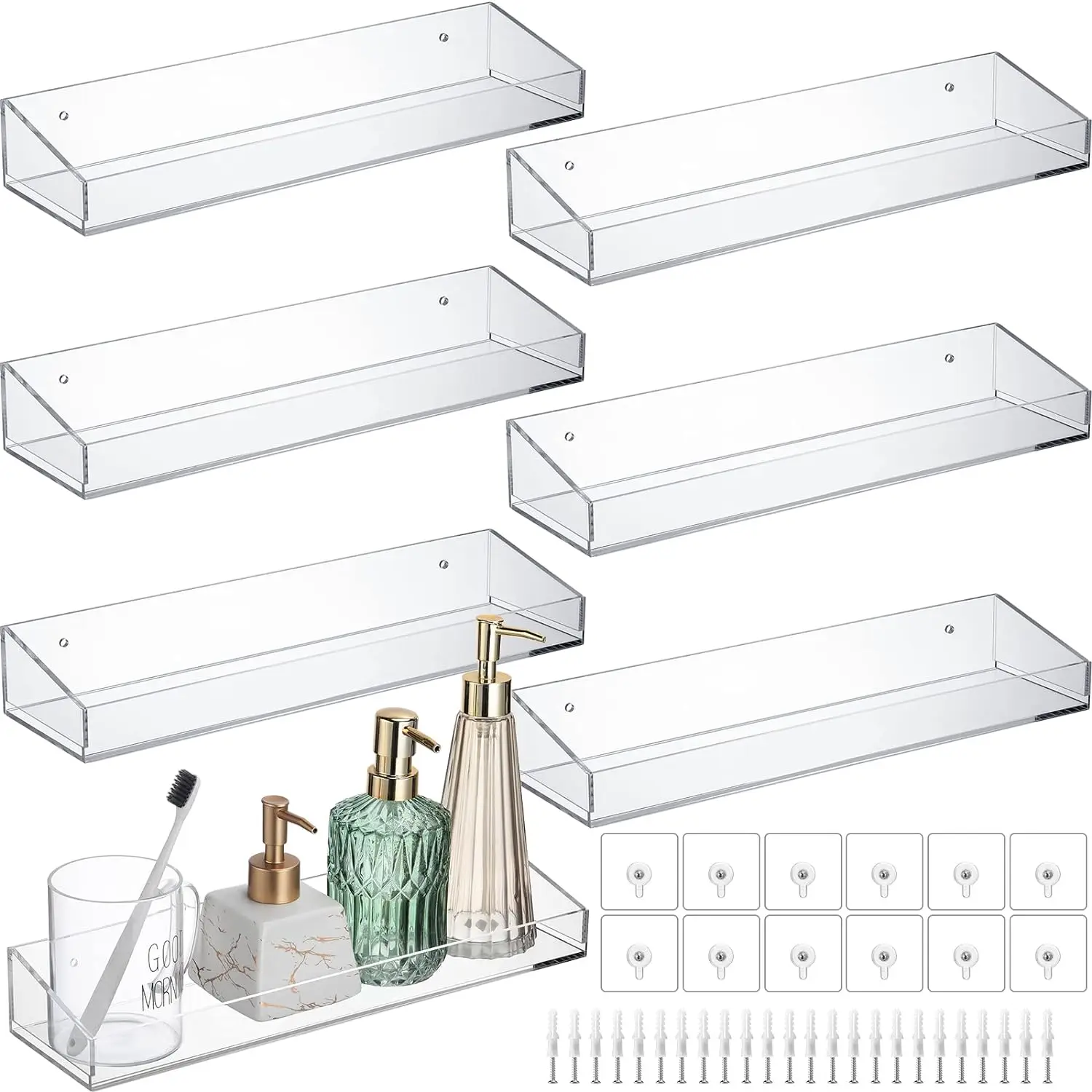 6 Pack Thick Clear Acrylic Bathroom Shelves Non-Drilling Floating Wall ...