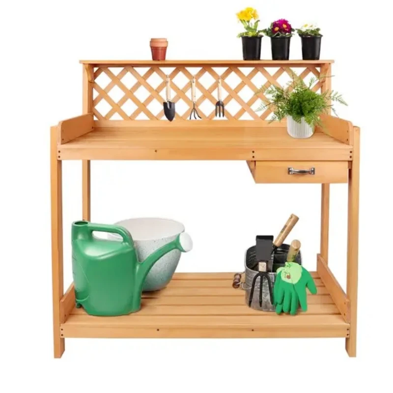 Garden Wooden Workstation Table With Drawer Open Shelf Lower Storage ...