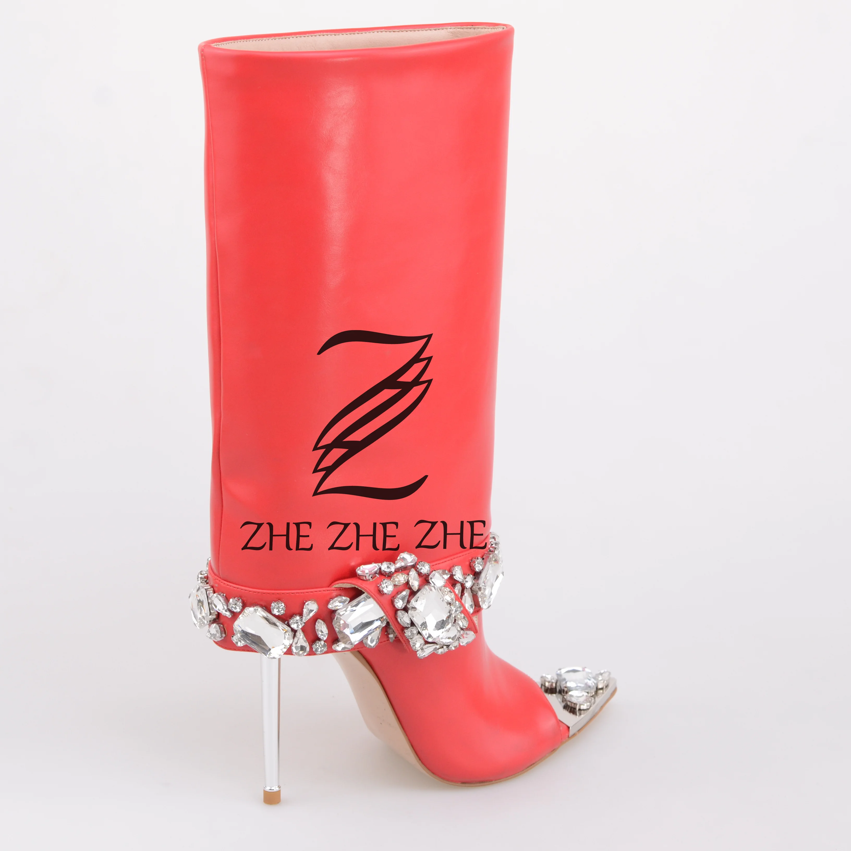 Women's High Heel Calf Boots Leaky Toe Metallic Diamond Shoe Tip White ...