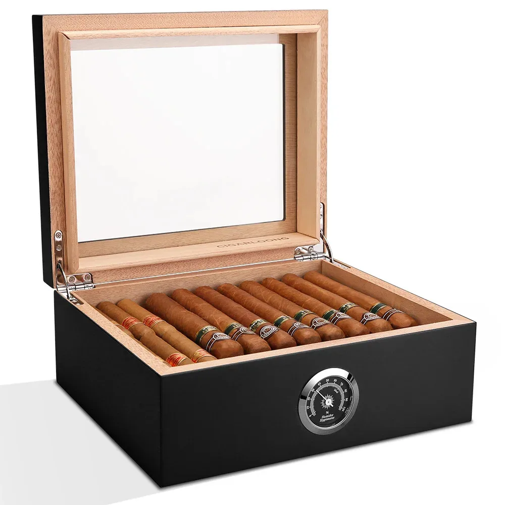 Black Varnish Wood Cigar Display Box Cigar Moisturizer Box 100% Cedar ...