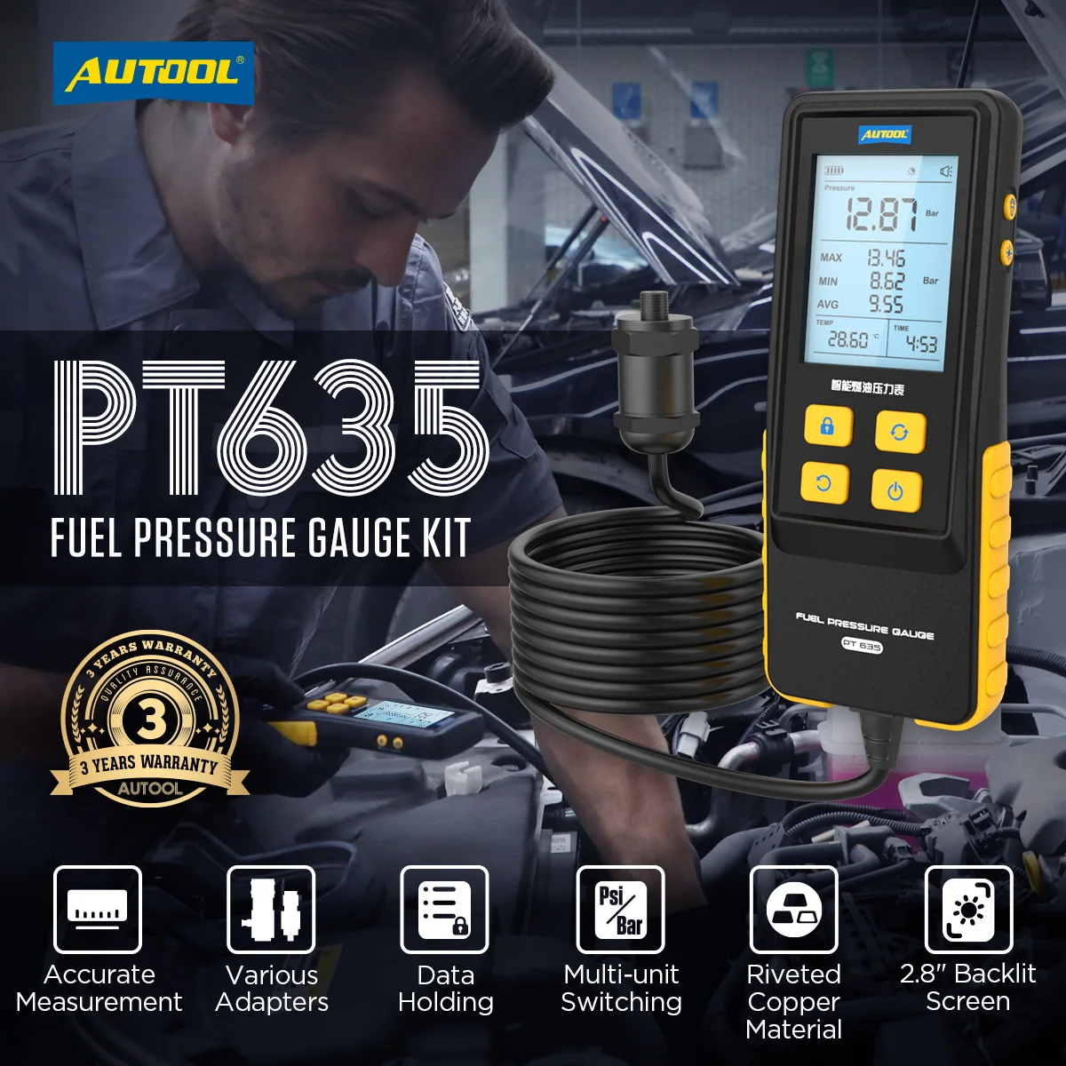 AUTOOL PT635 Universal Intelligent Automated Gauge Fuel Pressure Gauge ...