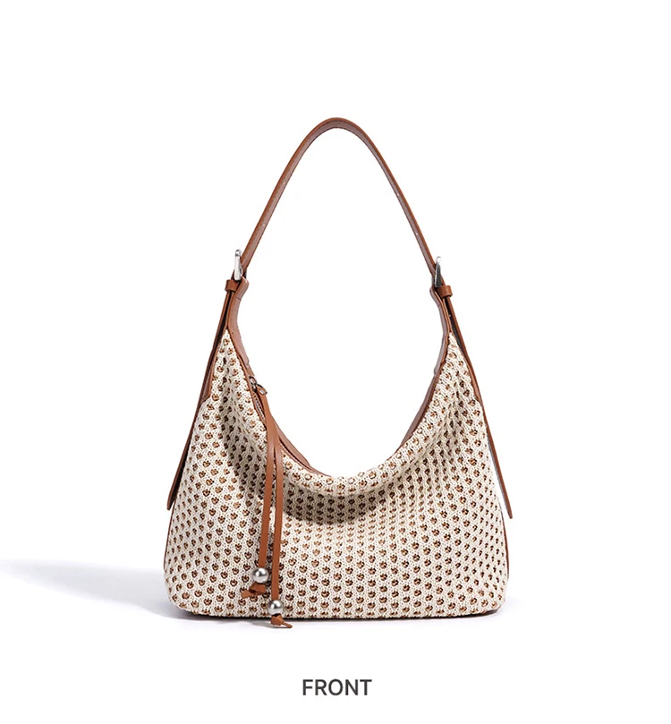 Factory Customized Logo Raffia Straw Tote Leather Shoulder Handbag ...